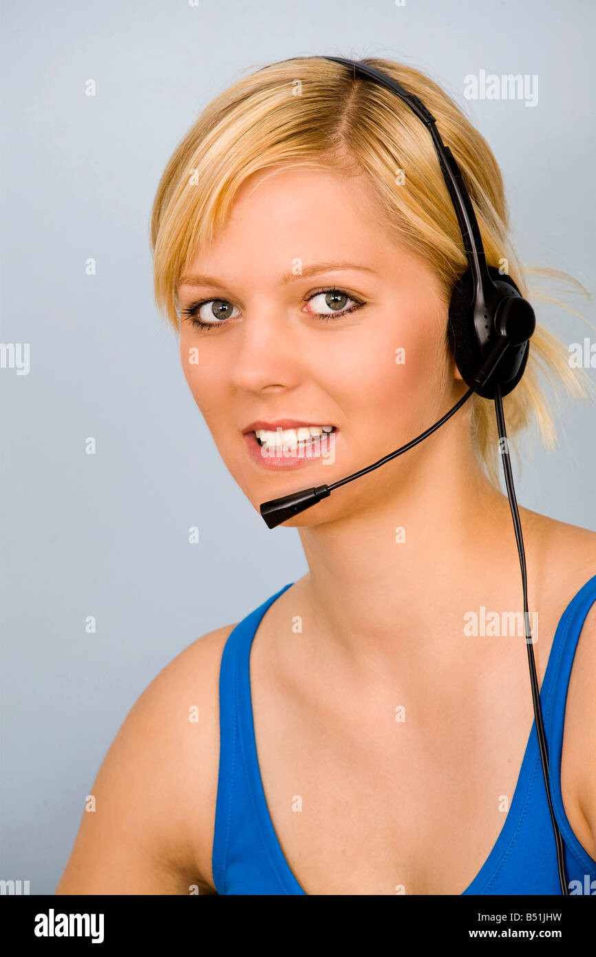 blonde operator headset Stock Photo - Alamy