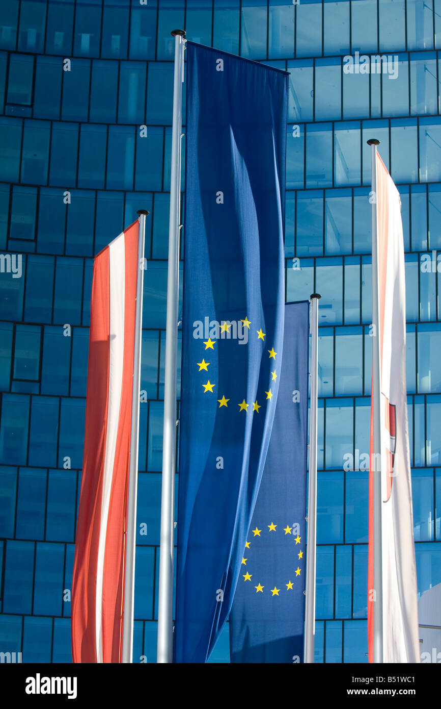 flags in front of OMV head office "Hoch Zwei Stock Photo - Alamy