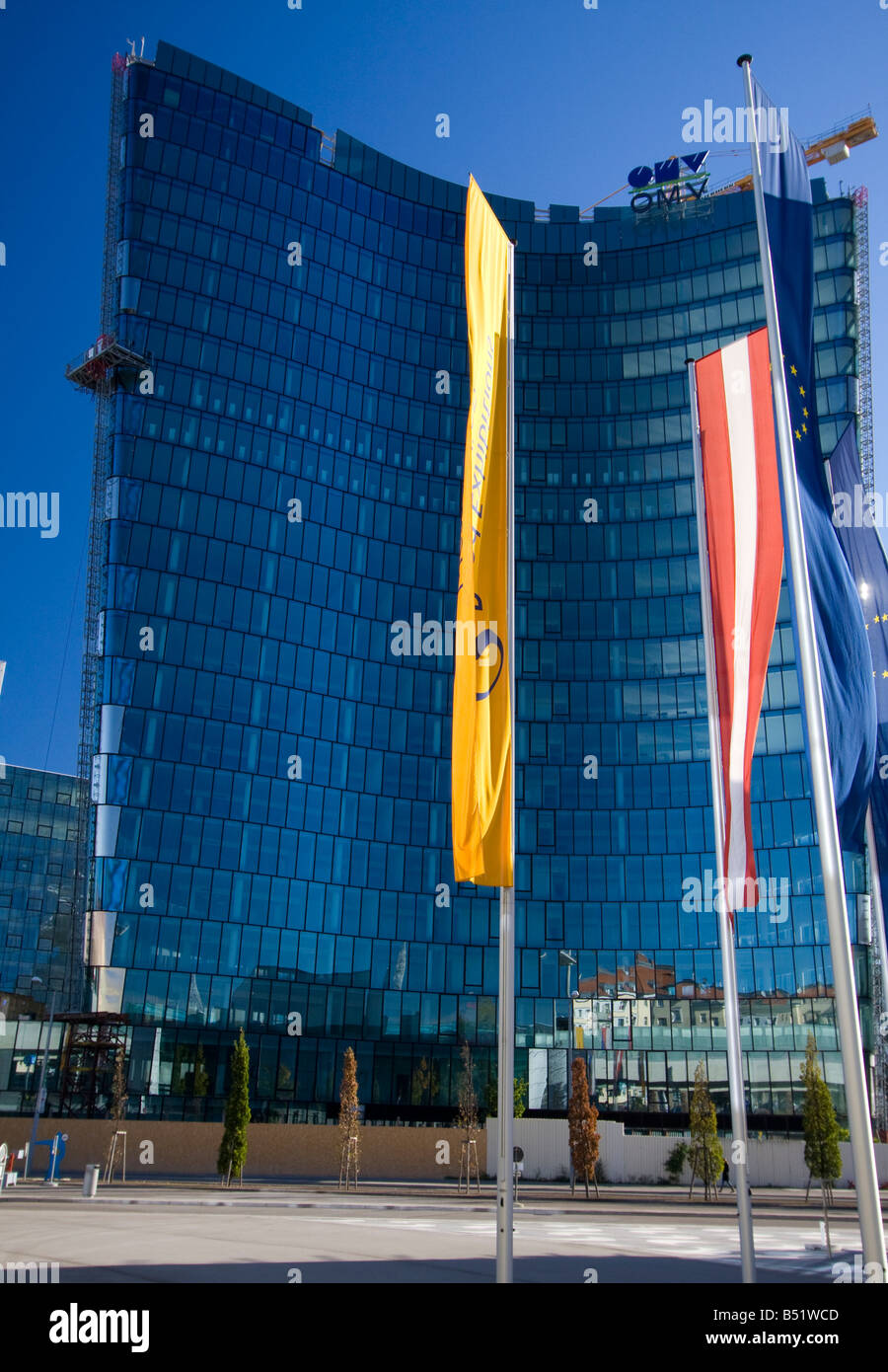flags in front of OMV head office "Hoch Zwei Stock Photo - Alamy