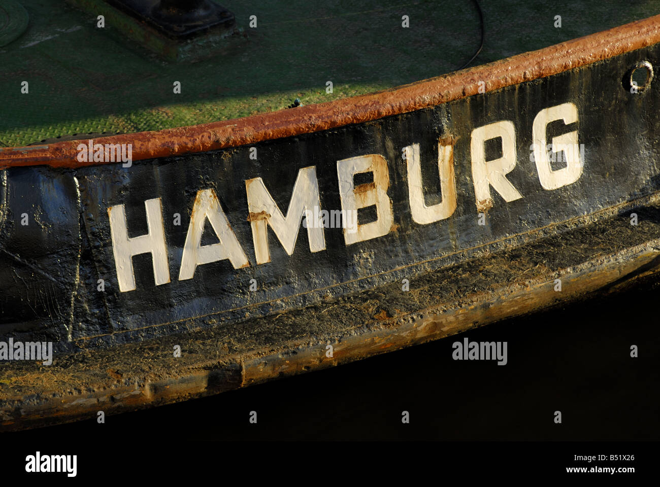 Hamburg lettering on a port-barge Stock Photo - Alamy
