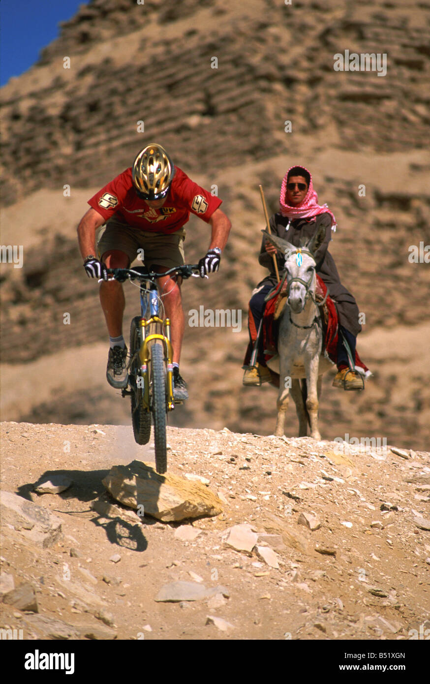 World Champion mountain biker, Hans Rey, at the Saqqara, Sakkara ...