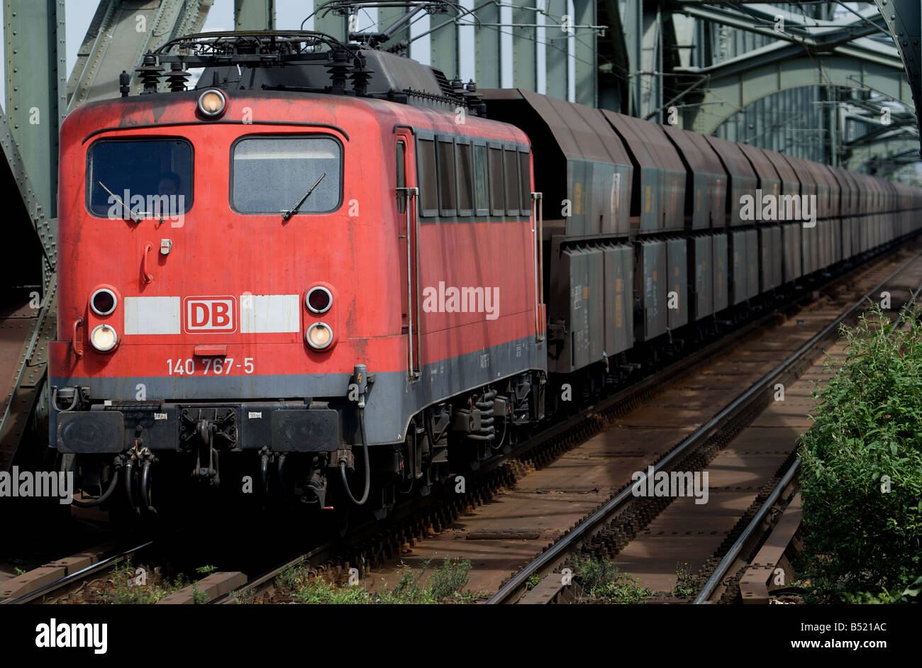German Railways freight train crossing the river Rhine, North Rhine ...