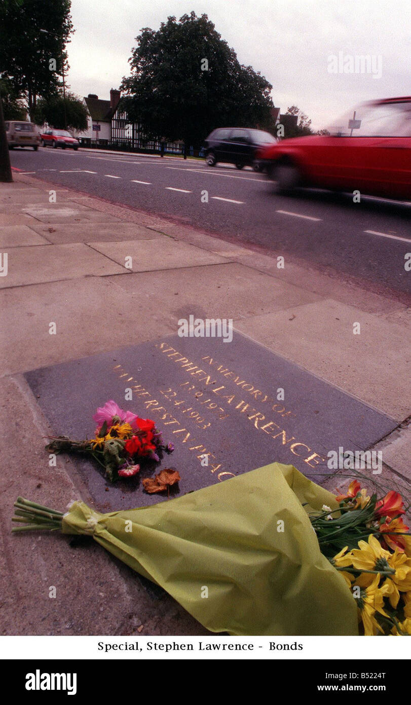 The photograph shows a memorial plaque laid for Stephen Lawrence at the ...