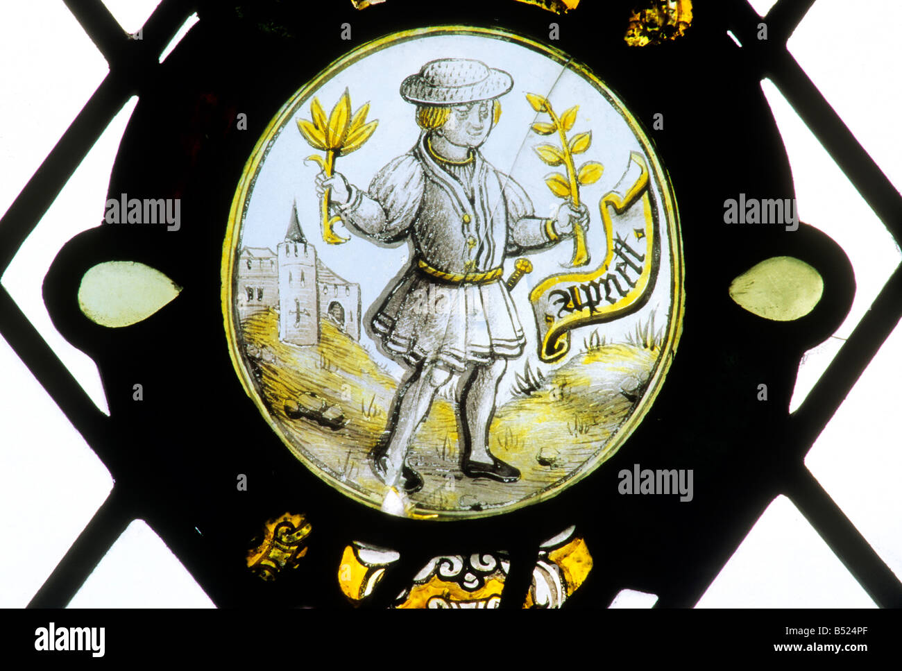 Medieval stained glass roundel labour hi-res stock photography and ...