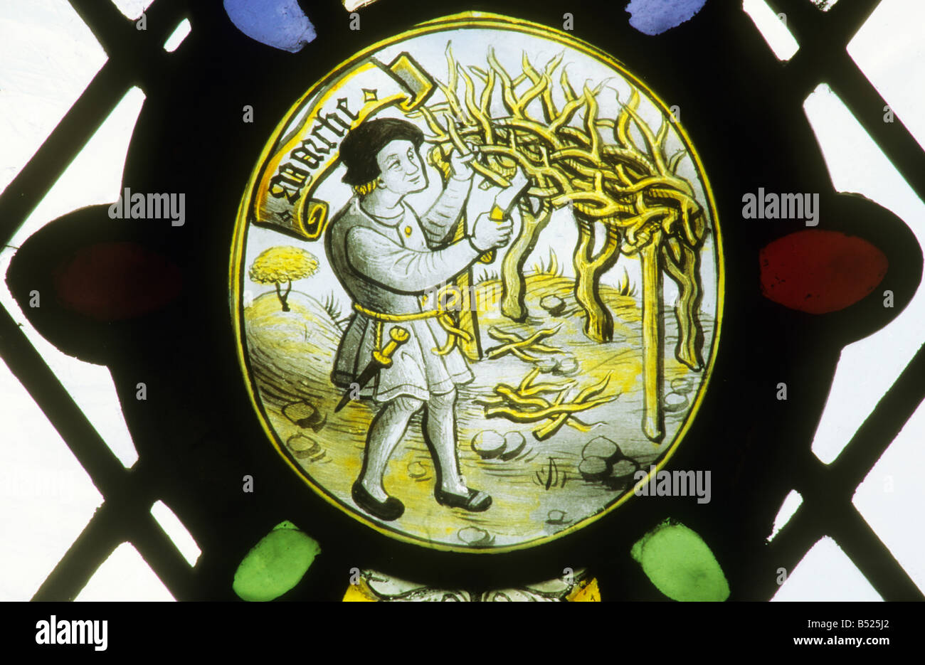 Medieval Stained Glass Roundel widow Labour of the Month March Checkley ...