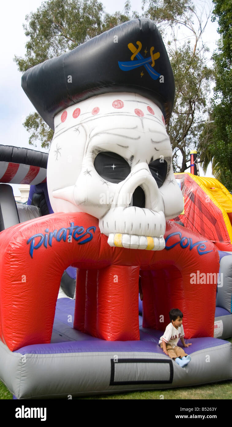Boy playing on Pirate's Cove slide at playground in Justin Herman Plaza ...