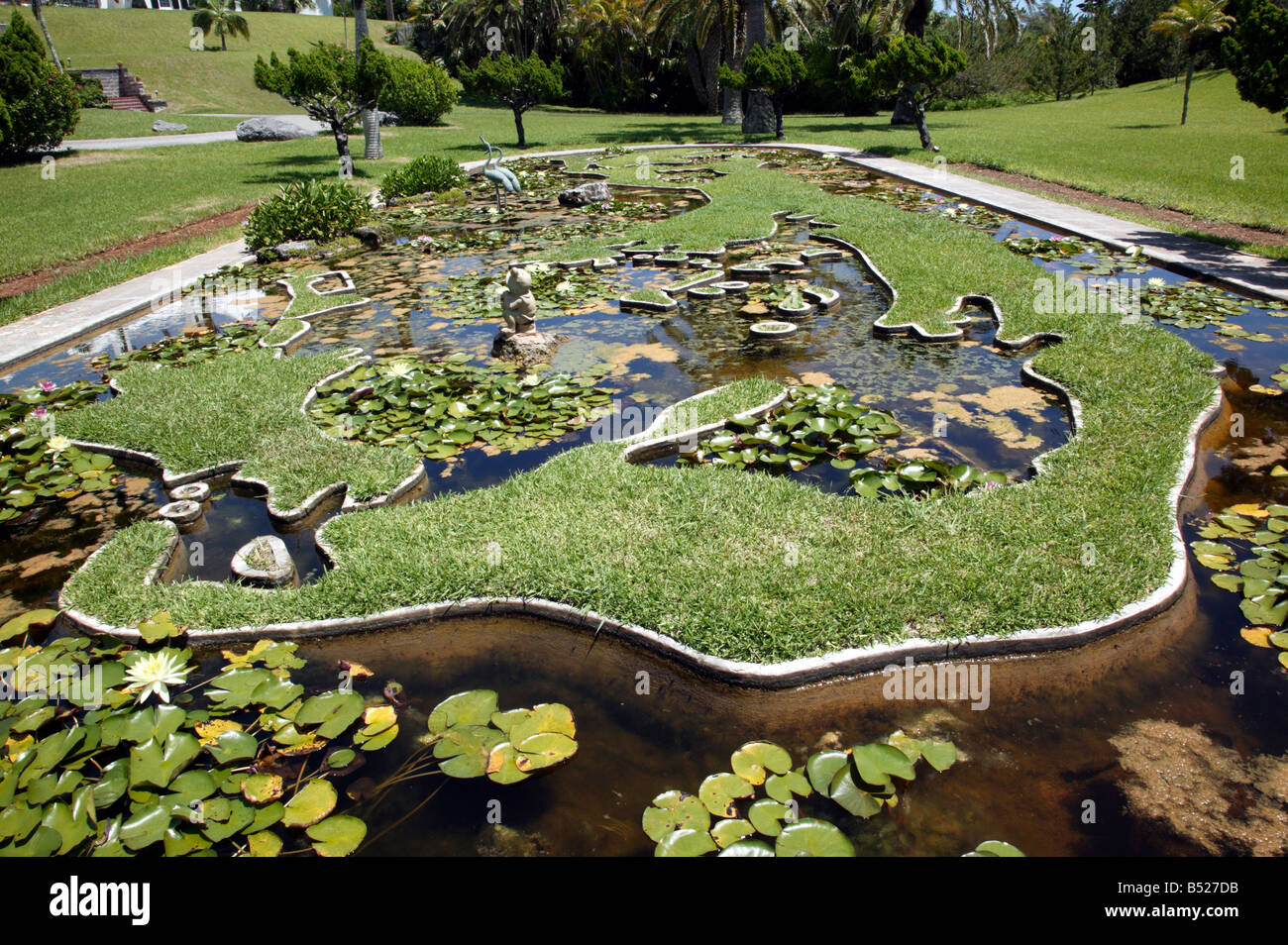 Shot of a unique pond featuring a grassy relief map of Bermuda, locate ...