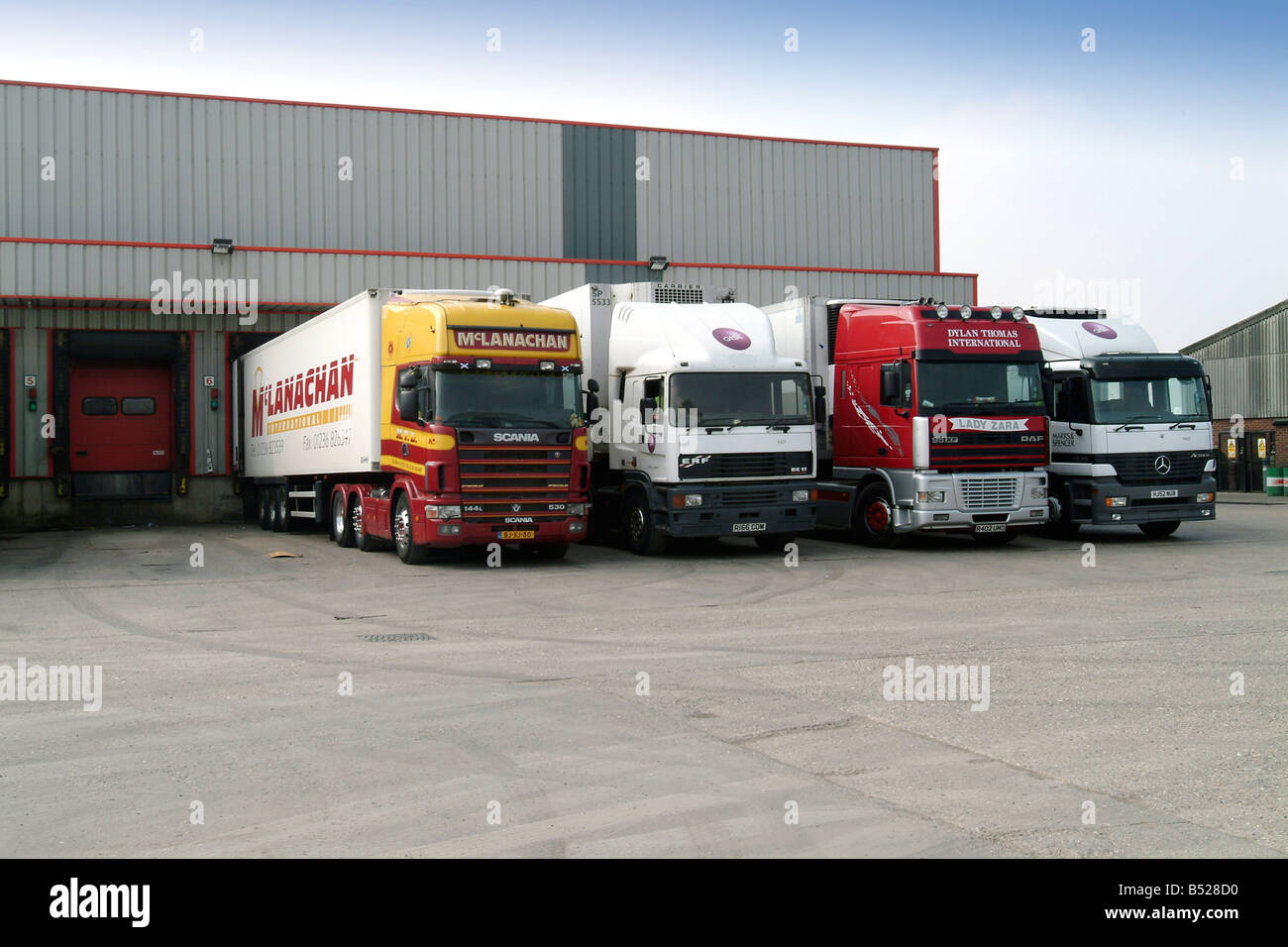 British and Continental HGV's awaiting loading at a supermarket ...