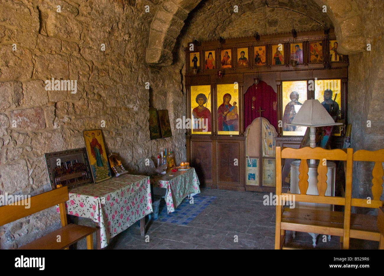 Interior of rural Greek Orthodox church at Potamos Liopetriou on the ...