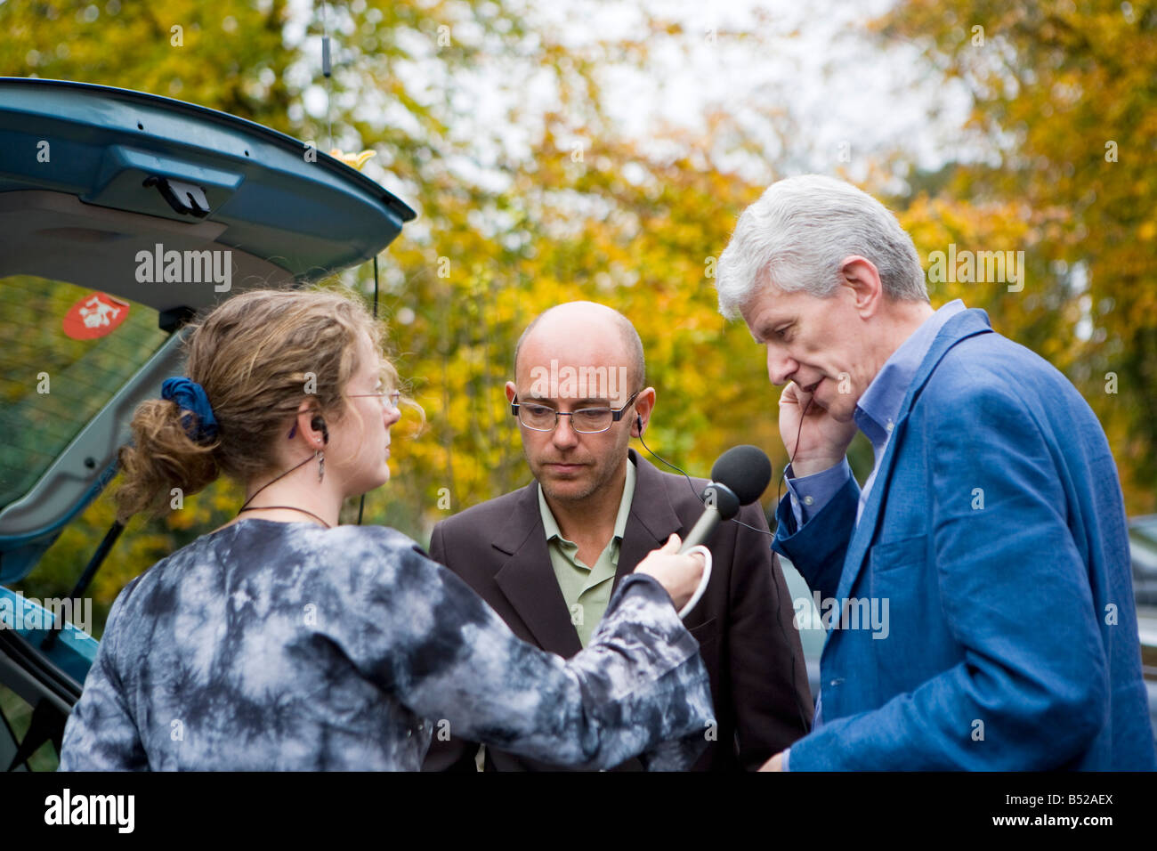 The designer Wayne Hemingway being interviewed by radio about the ...