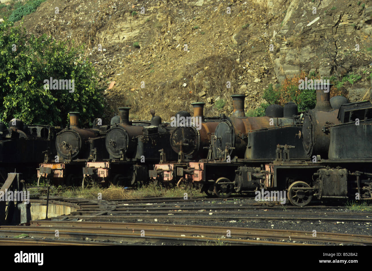 Steam railway locomotives awaiting scrapping at Regua, northern ...