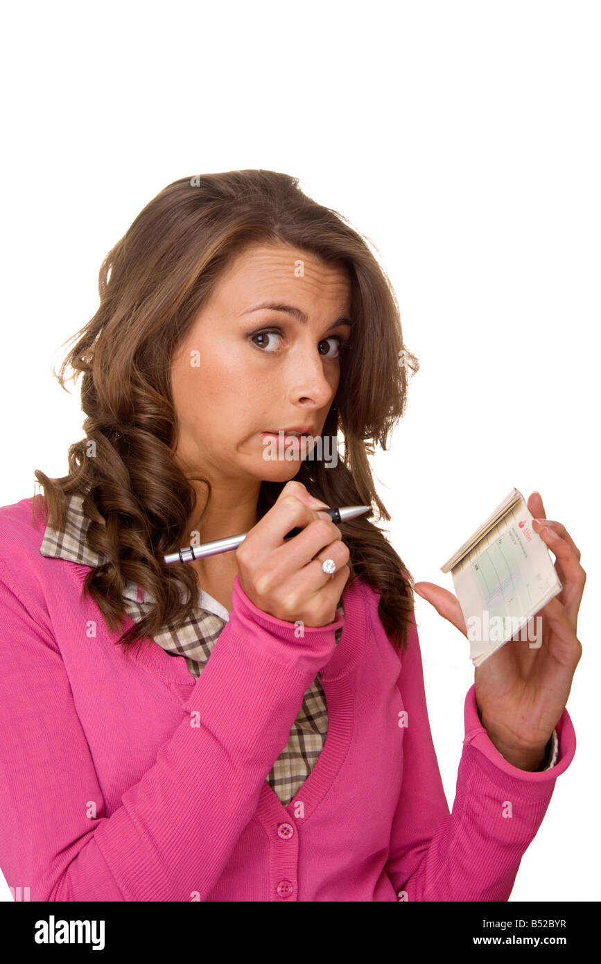 woman scared of writing a cheque Stock Photo - Alamy