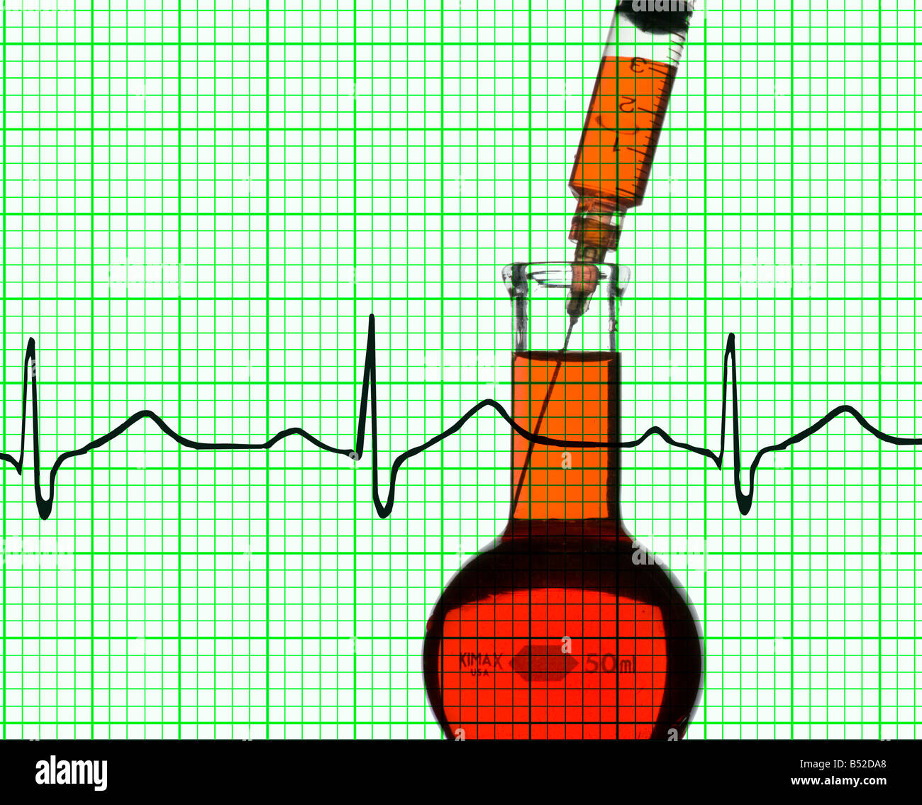 hypodermic needle and beaker with EKG electrocardiogram background ...