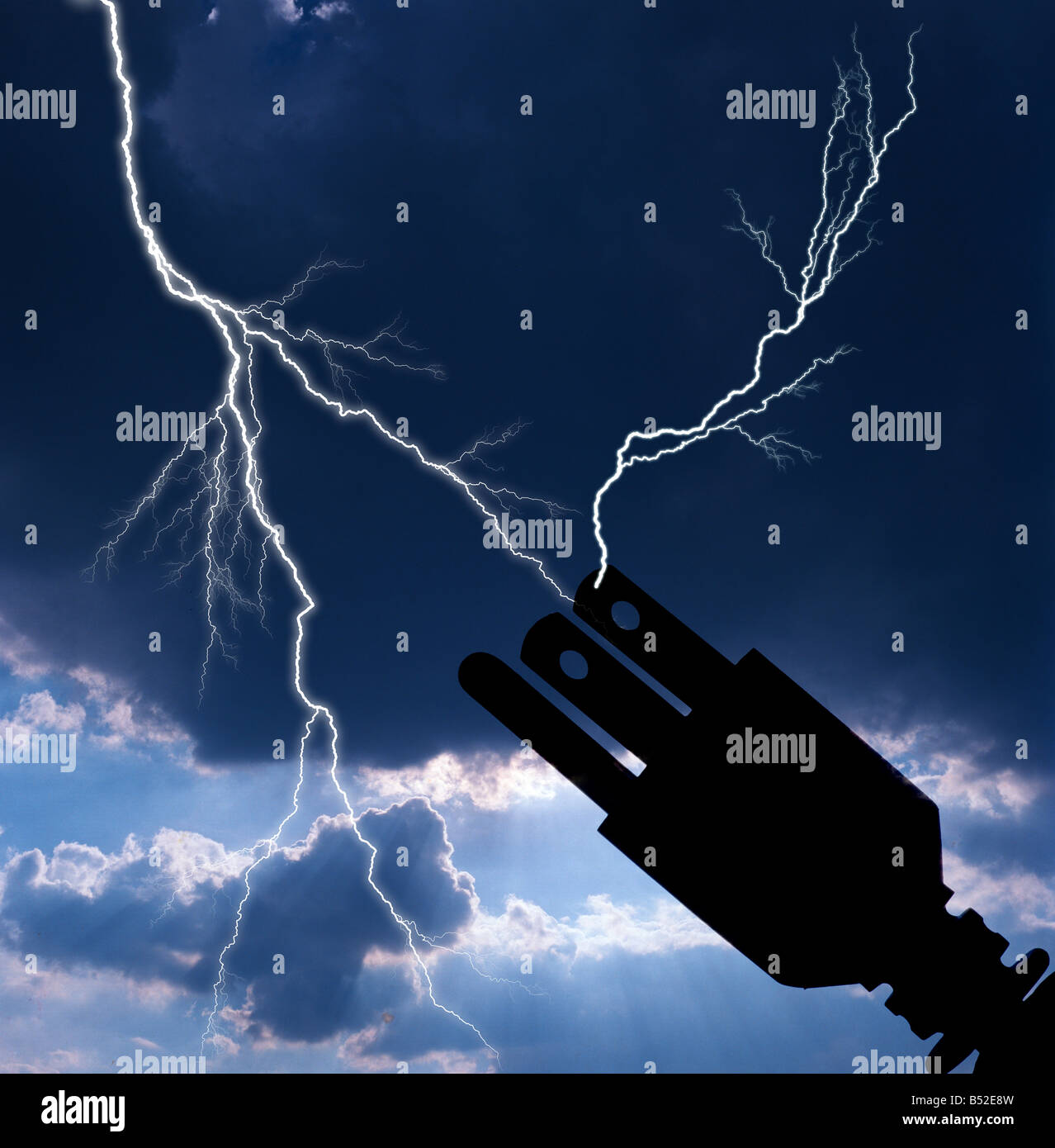 conceptual view of electrical plug and stormy sky with lightning Stock ...