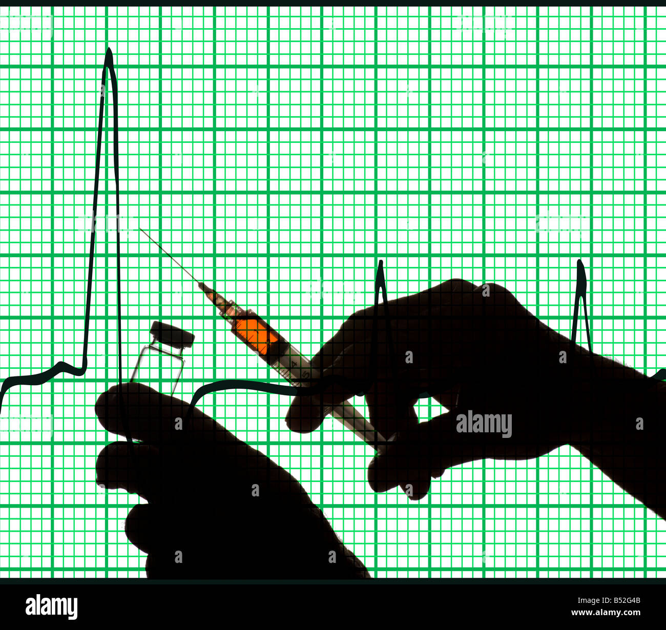 hands holding hypodermic needle and vial with EKG electrocardiogram ...