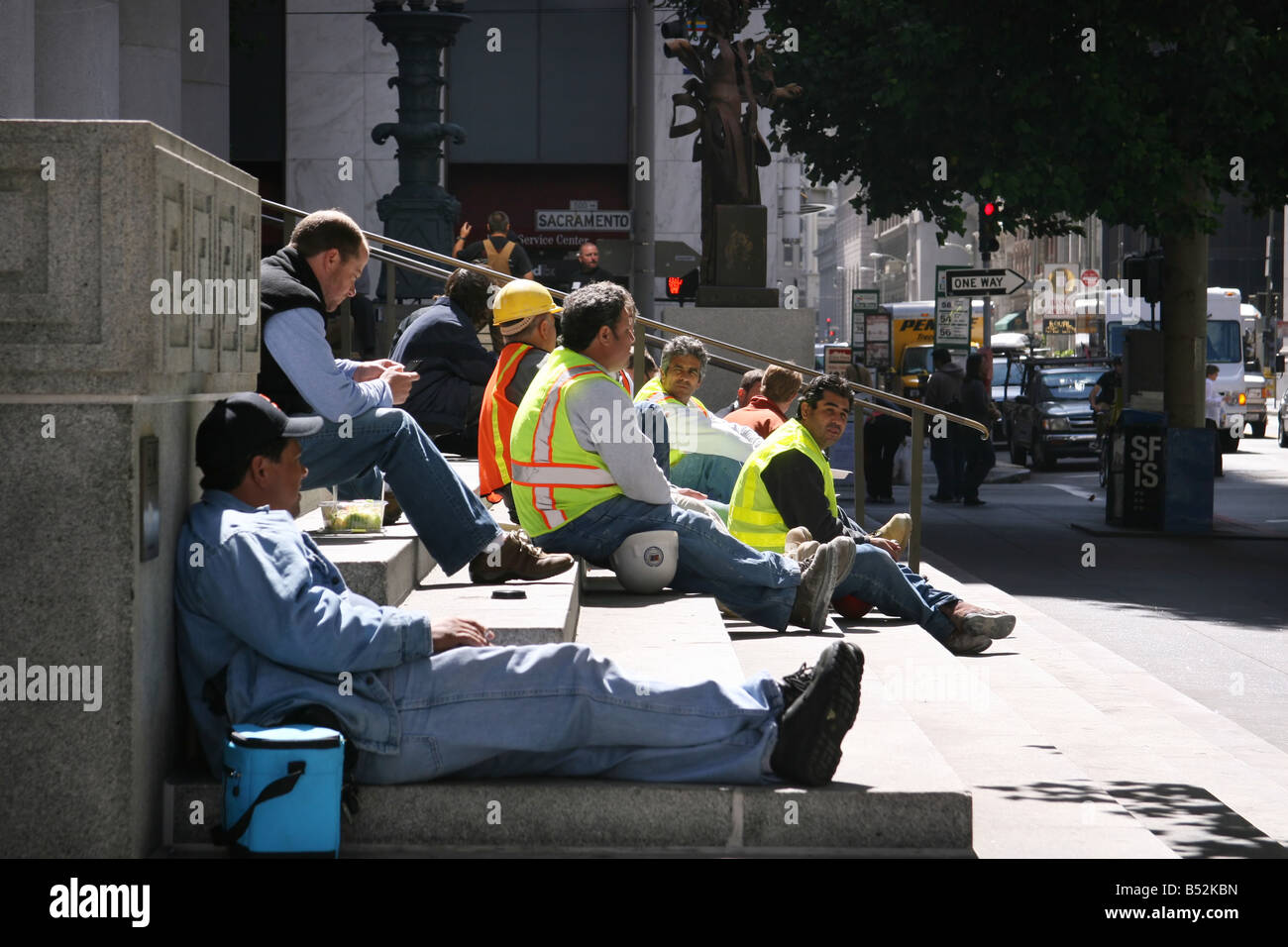 Construction workers relax and rest during lunch brake on San Francisco ...