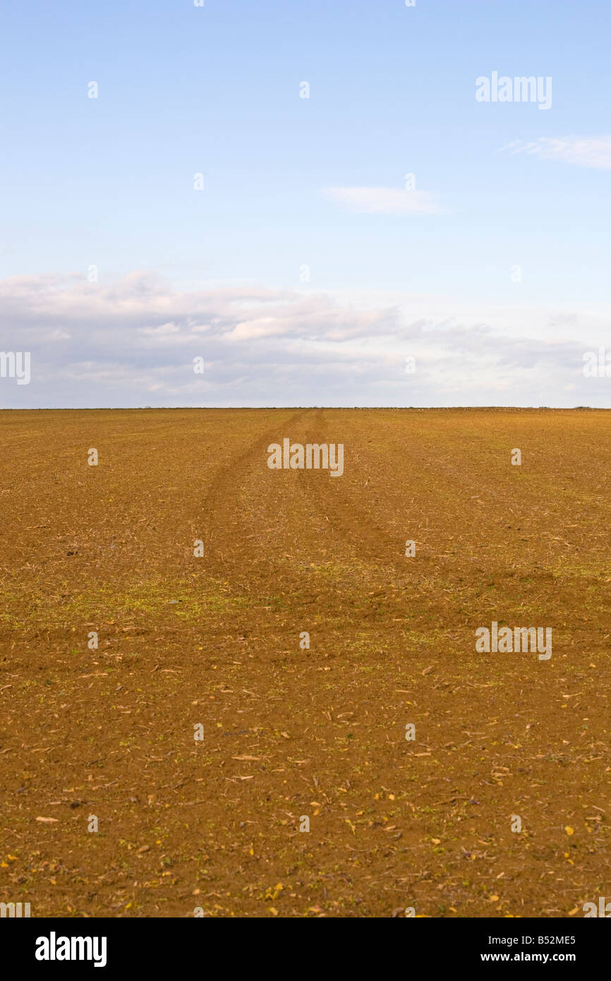 Flat ploughed earth field to the horizon with flat line to the sky ...