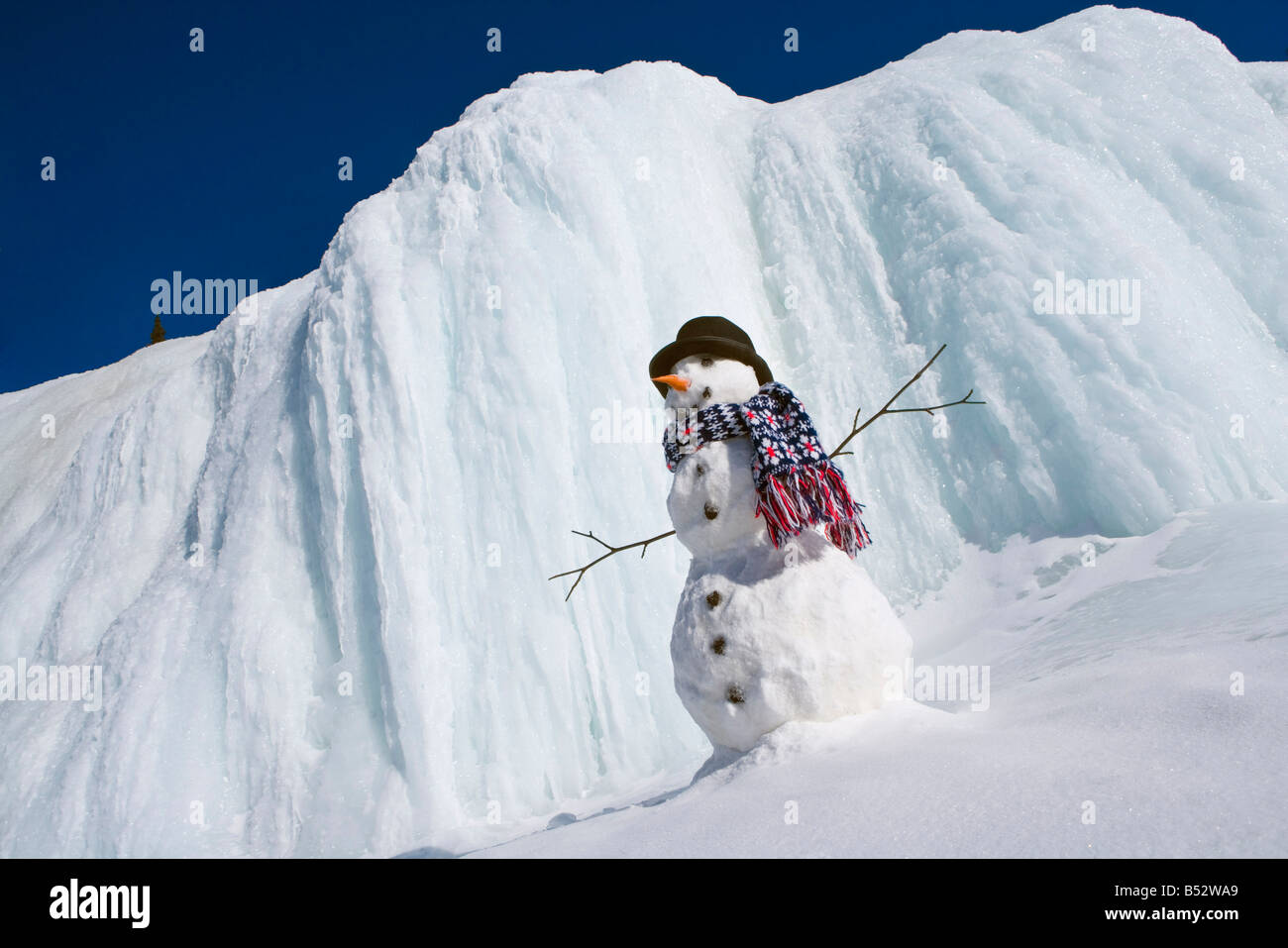 Snowman in front of frozen waterfall along Parks Highway Interior ...