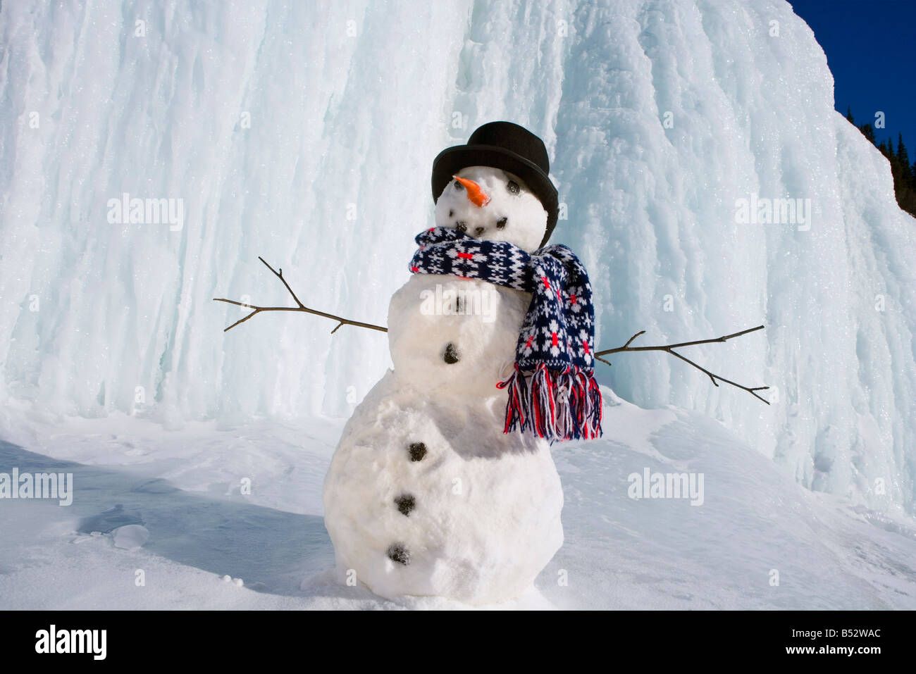 Snowman in front of frozen waterfall along Parks Highway Interior ...