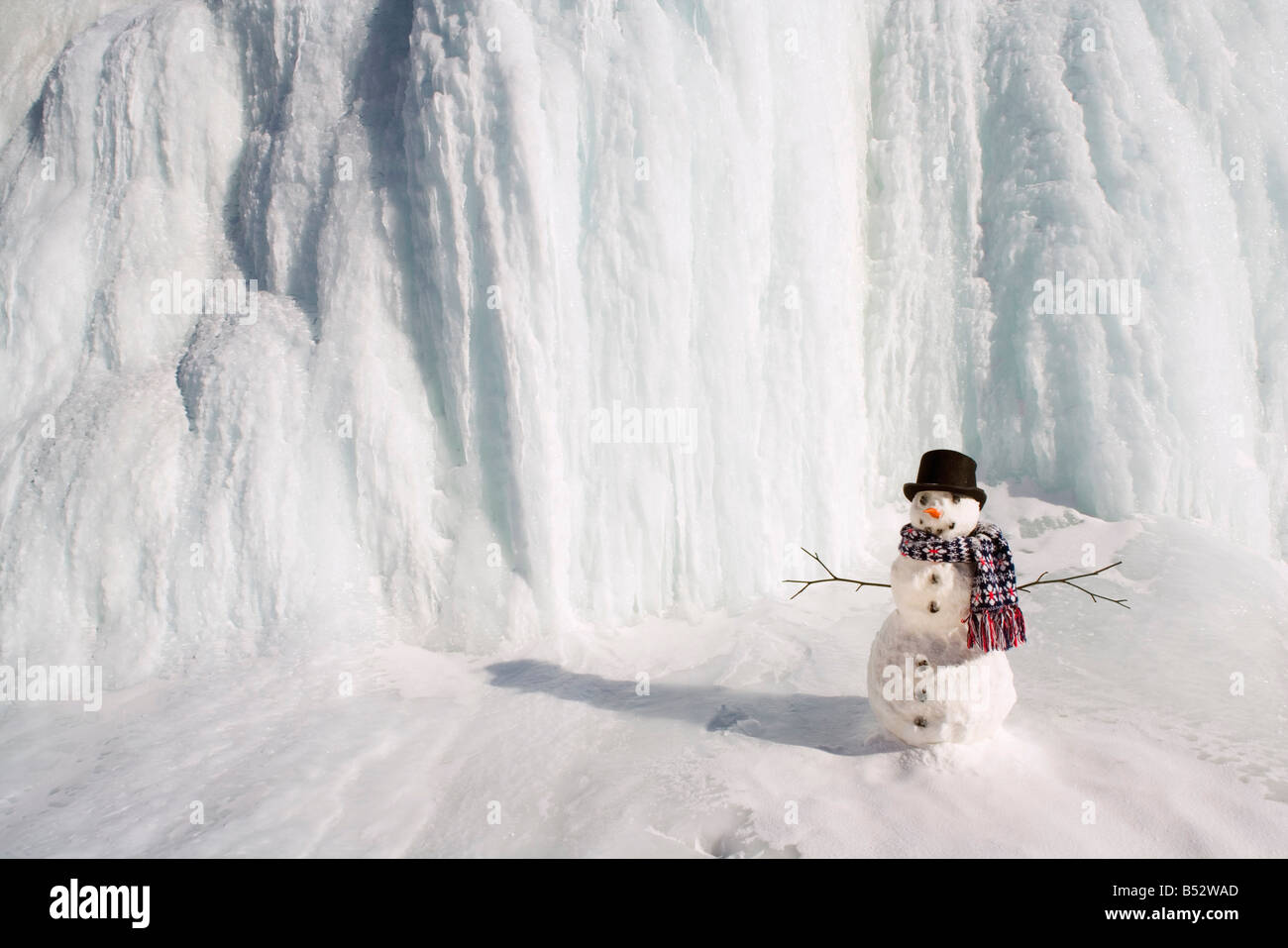 Snowman in front of frozen waterfall along Parks Highway Interior ...