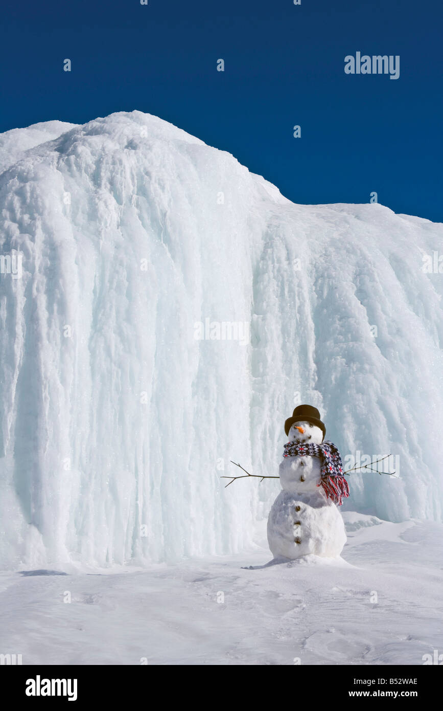 Snowman in front of frozen waterfall along Parks Highway Interior ...