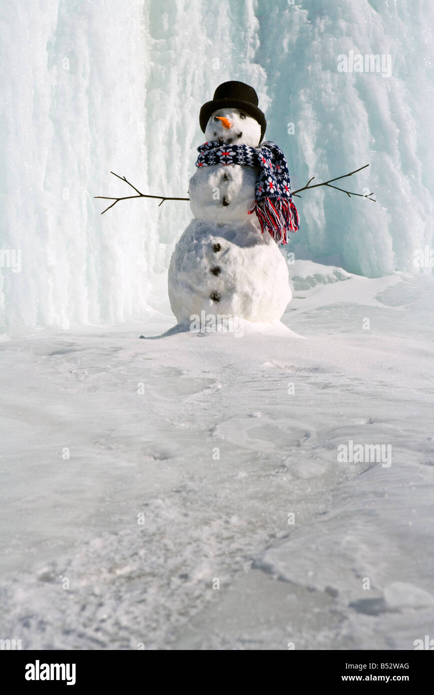 Snowman in front of frozen waterfall along Parks Highway Interior ...