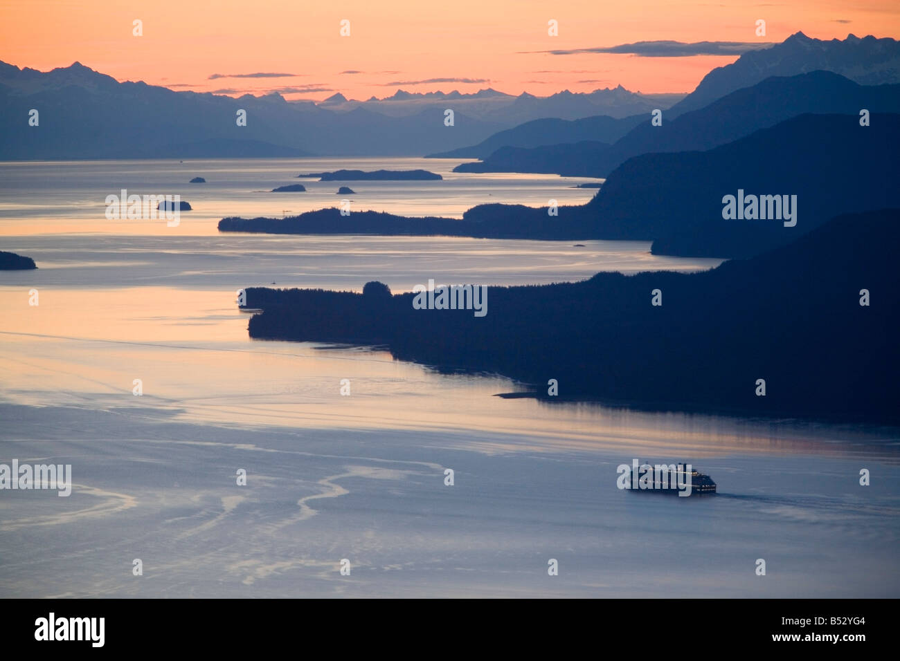 Sunset with Cruise ship heading north in Stephens Passage west of ...