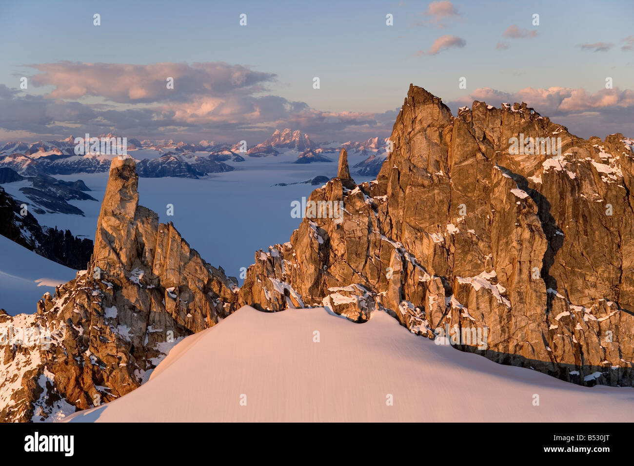 Aerial view of Juneau Ice Field bathed in evening light, looking past ...