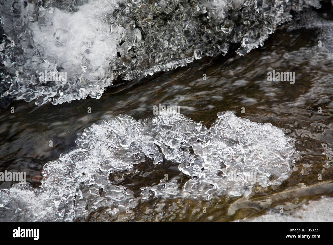 stream flowing between ice covered rocks Stock Photo - Alamy