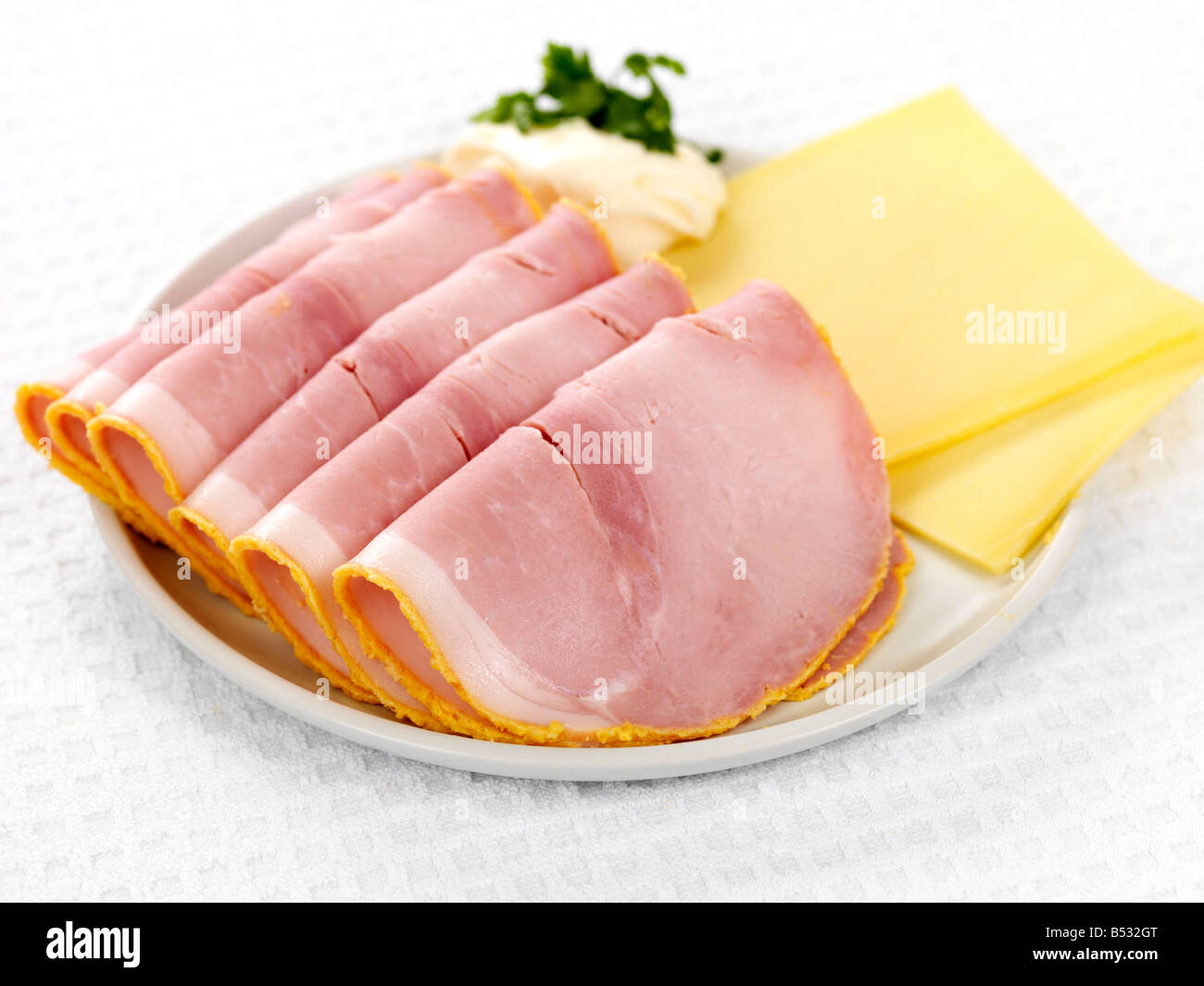 Freshly Prepared Cold Cooked Ham And Slices Of Cheese With No People ...