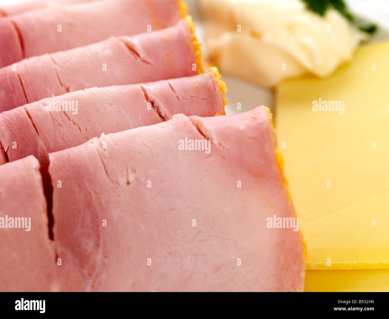 Freshly Prepared Cold Cooked Ham And Slices Of Cheese With No People ...
