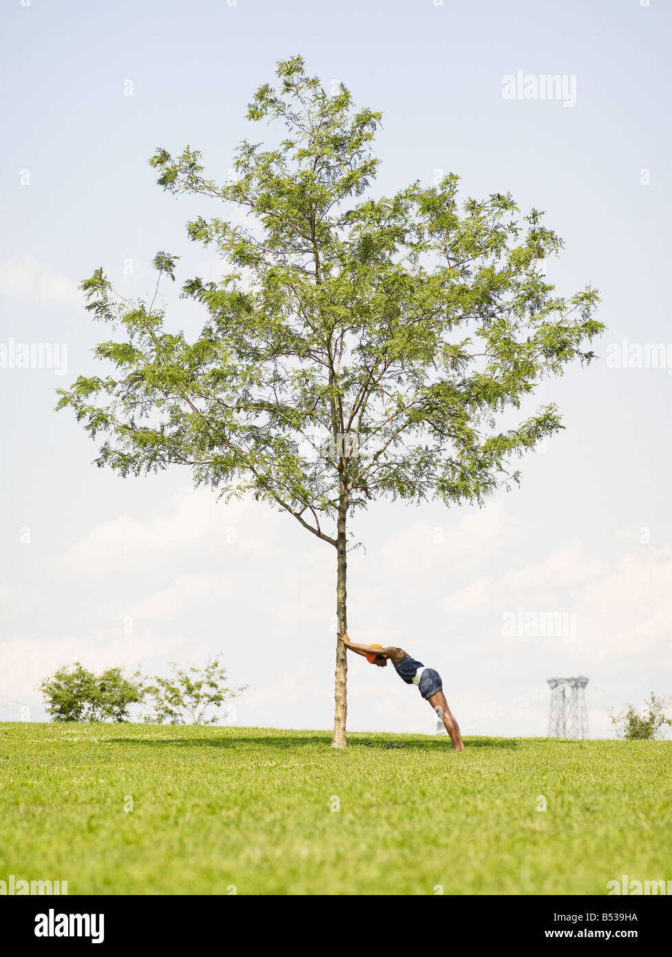 African woman leaning against tree in park Stock Photo - Alamy