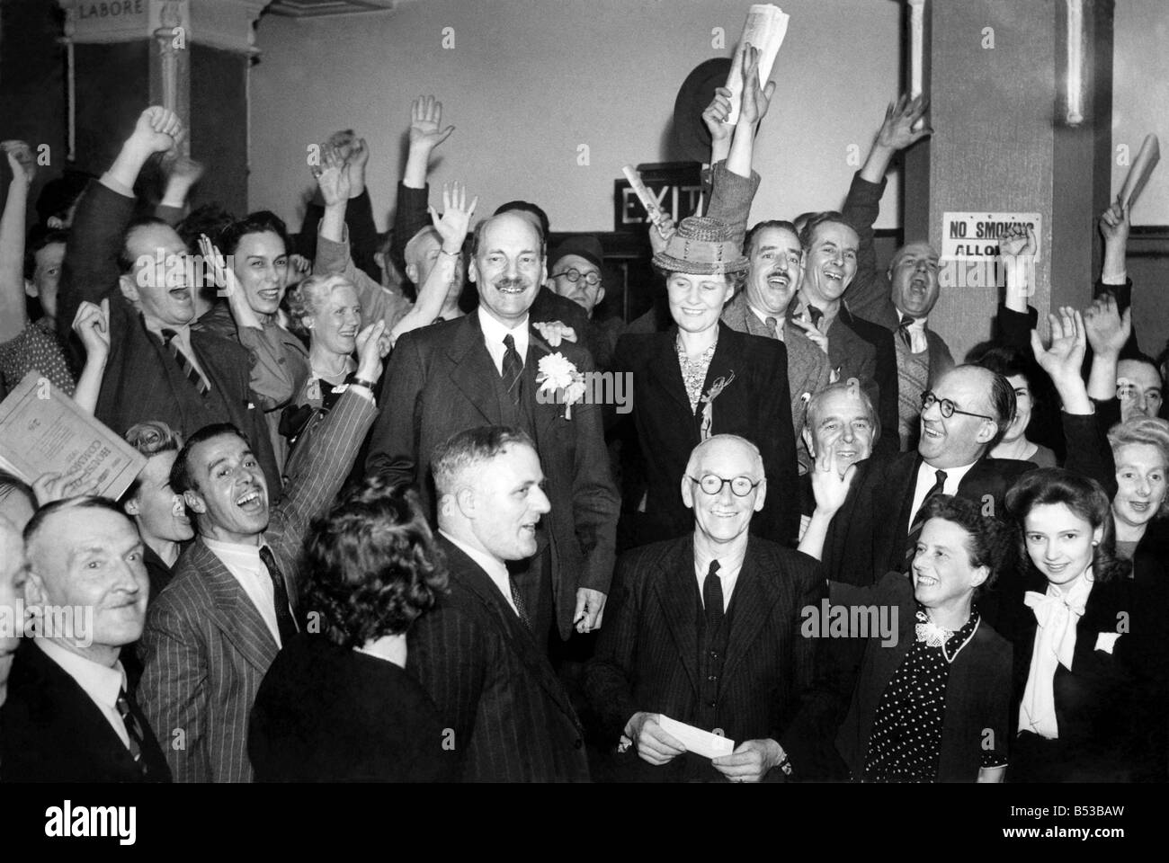 New Prime Minister Clement Attlee celebrates with supporters after ...