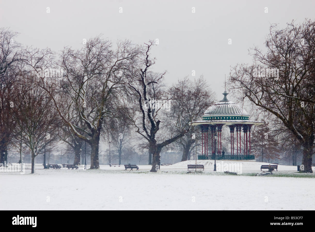snow in Clapham common London Lambeth park bandstand in winter ...
