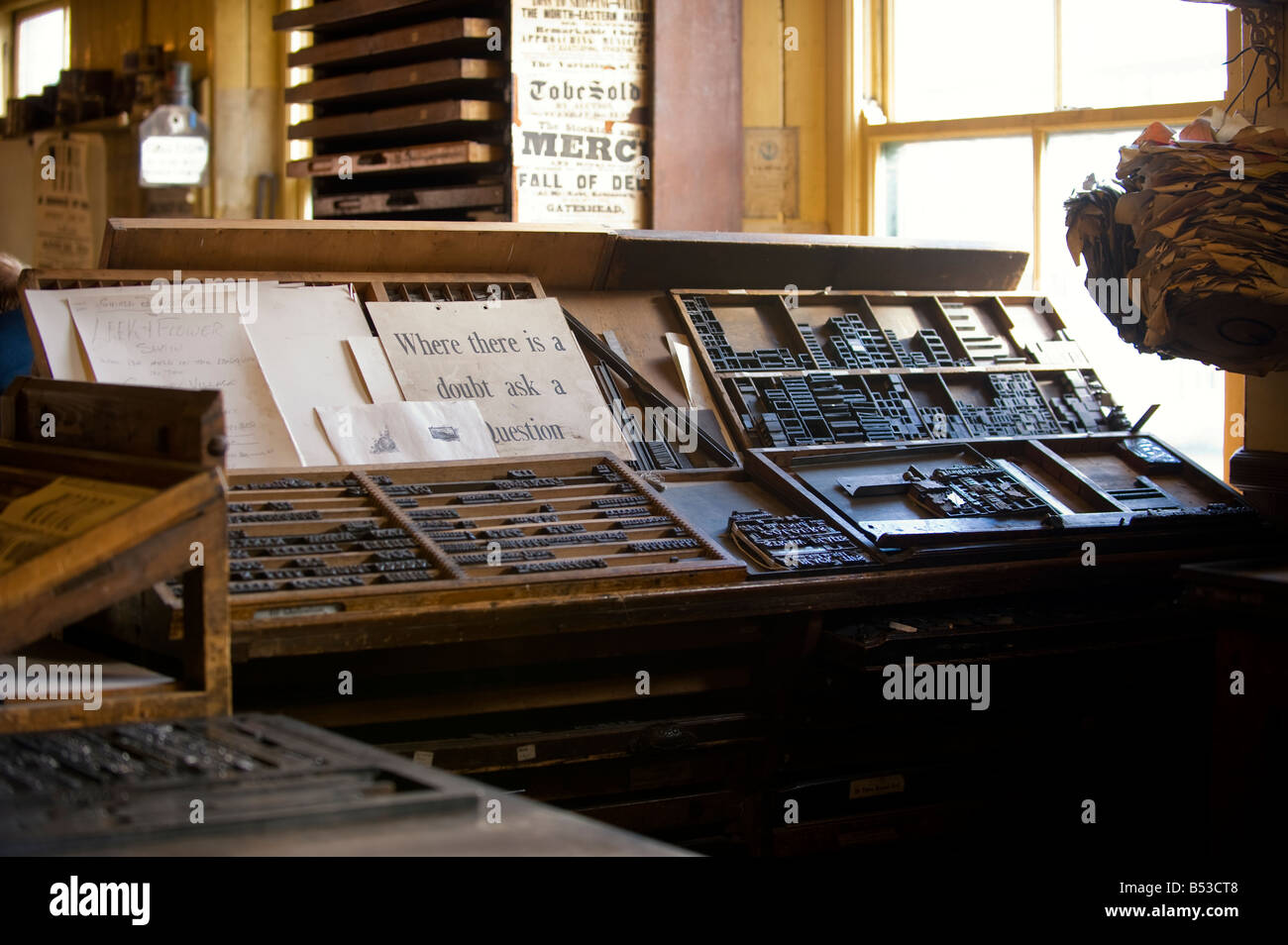 The old print room desk showing compositors trays of print-ready for ...