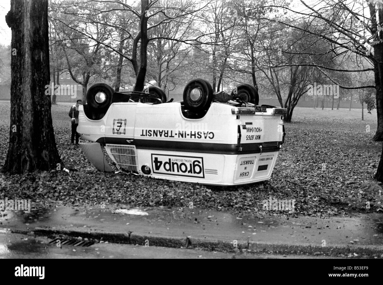 A group 4 security van upside down after the accident. November 1969 ...