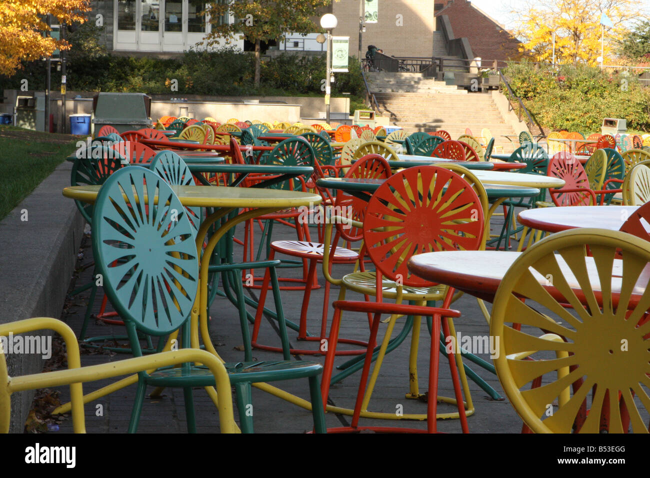 Memorial Union at the University of Wisconsin, UW. Colorful chairs are ...