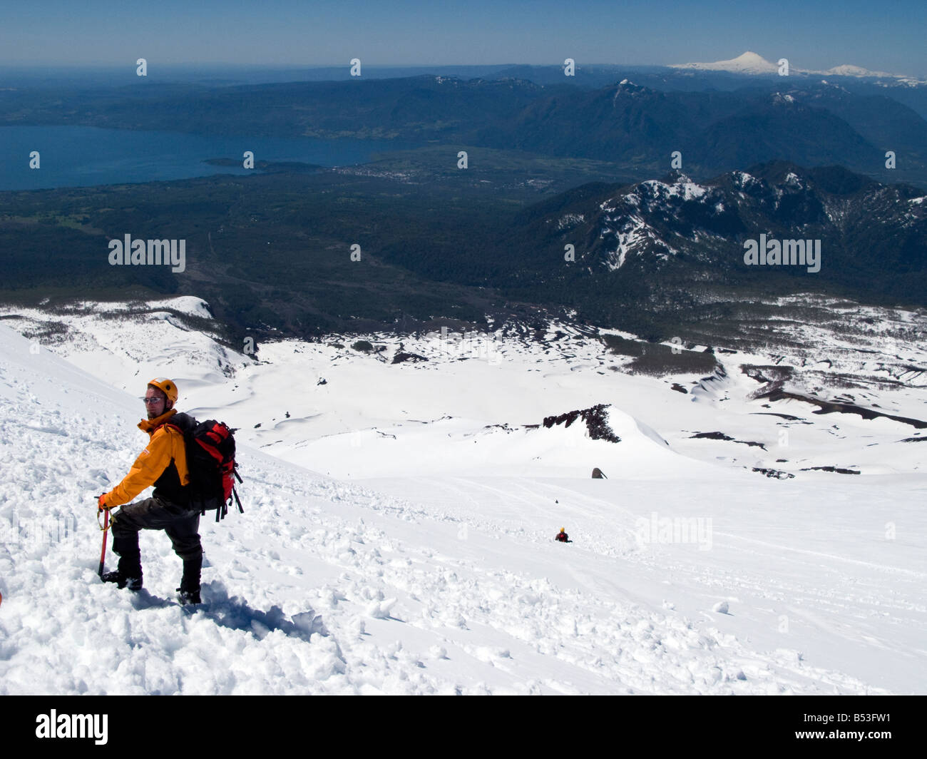 View from high up on the Villarica volcano of other volcanos in Chile ...
