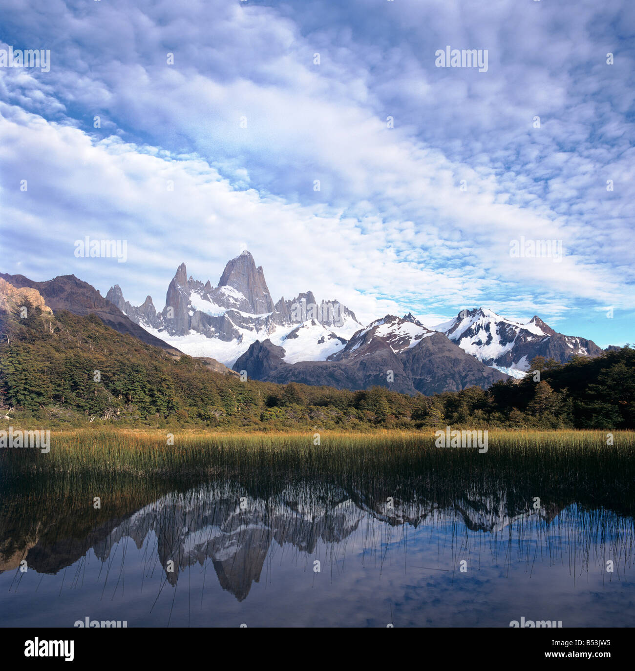 Mount Fitz Roy reflects in a lake Stock Photo - Alamy