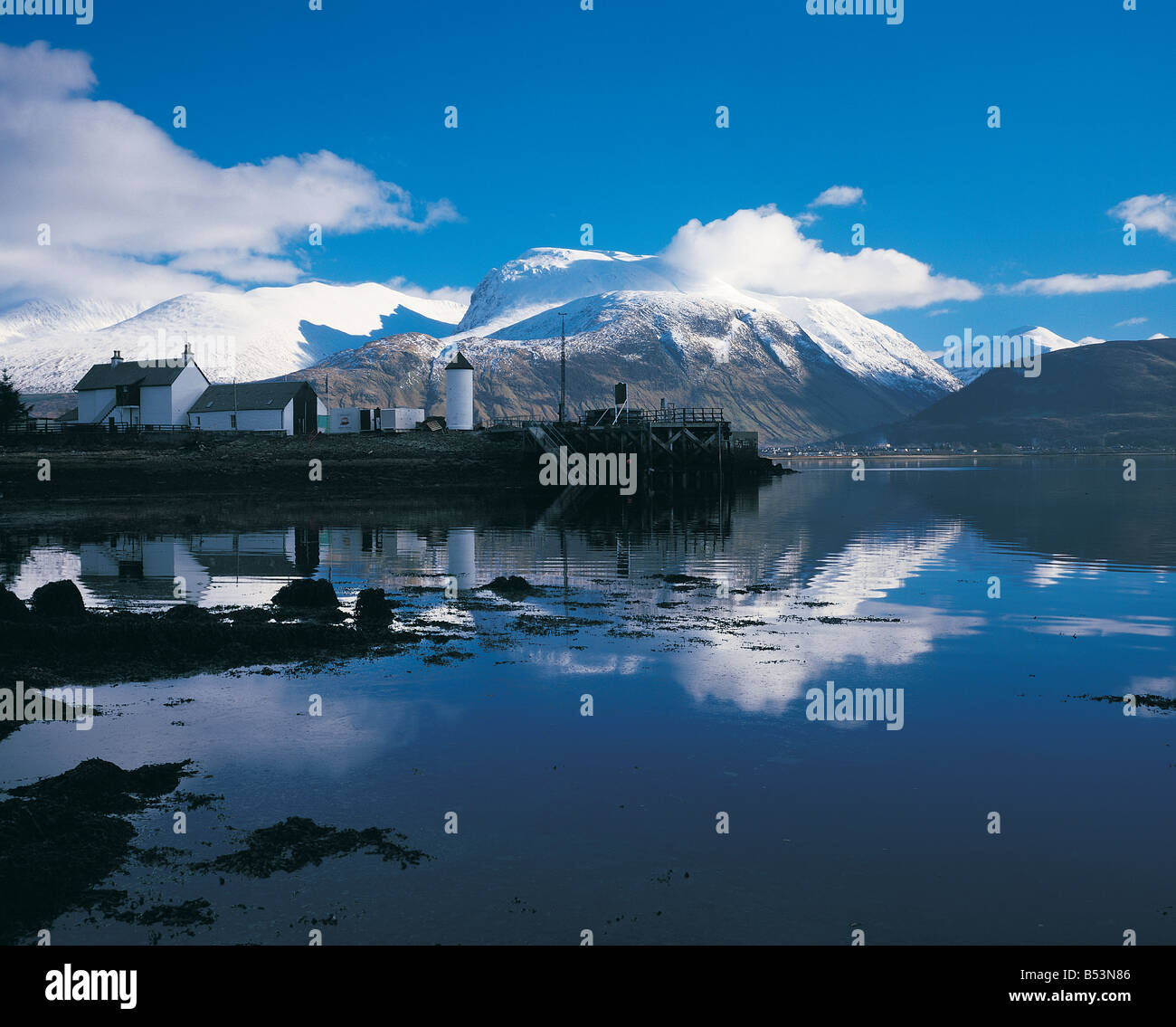 Ben Nevis and Fort William in winter from Corpach, Highland region ...