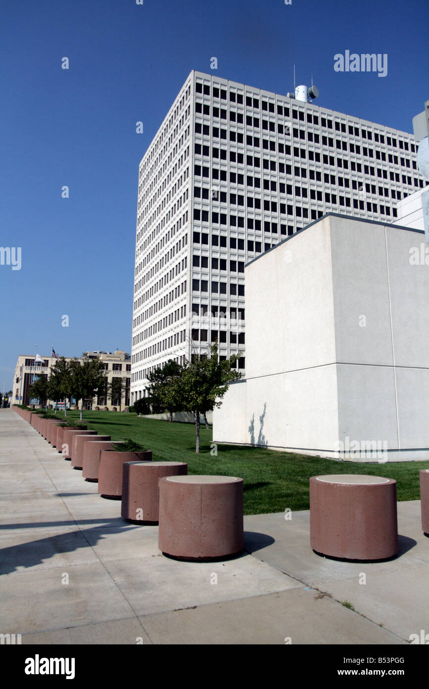 BNSF Railways Santa Fe Plaza building and planters in downtown Topeka ...