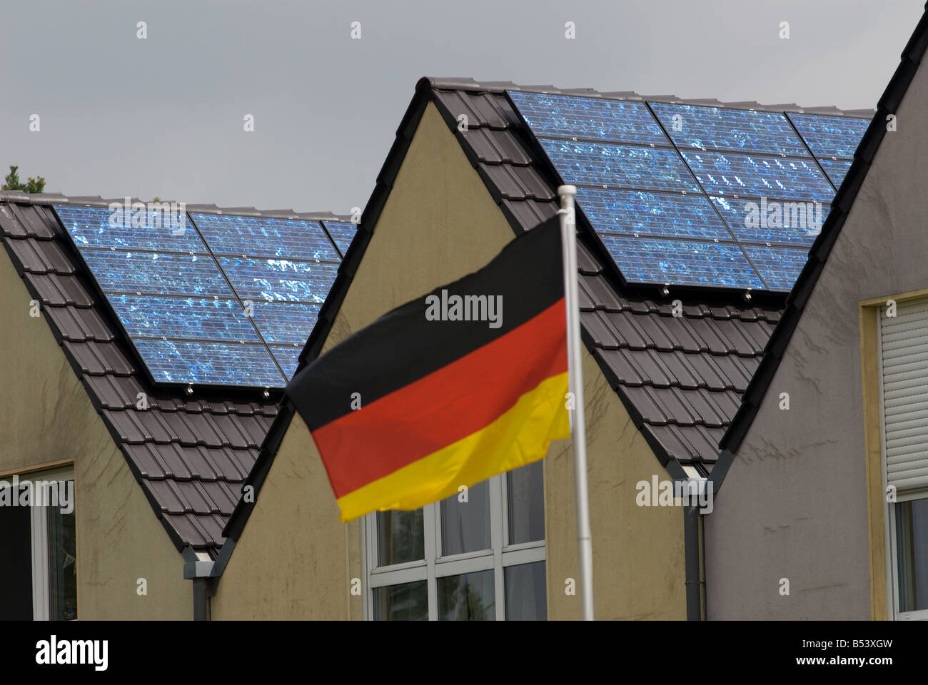 Photovoltaic panels on a solar housing estate, Gelsenkirchen-Bismark ...
