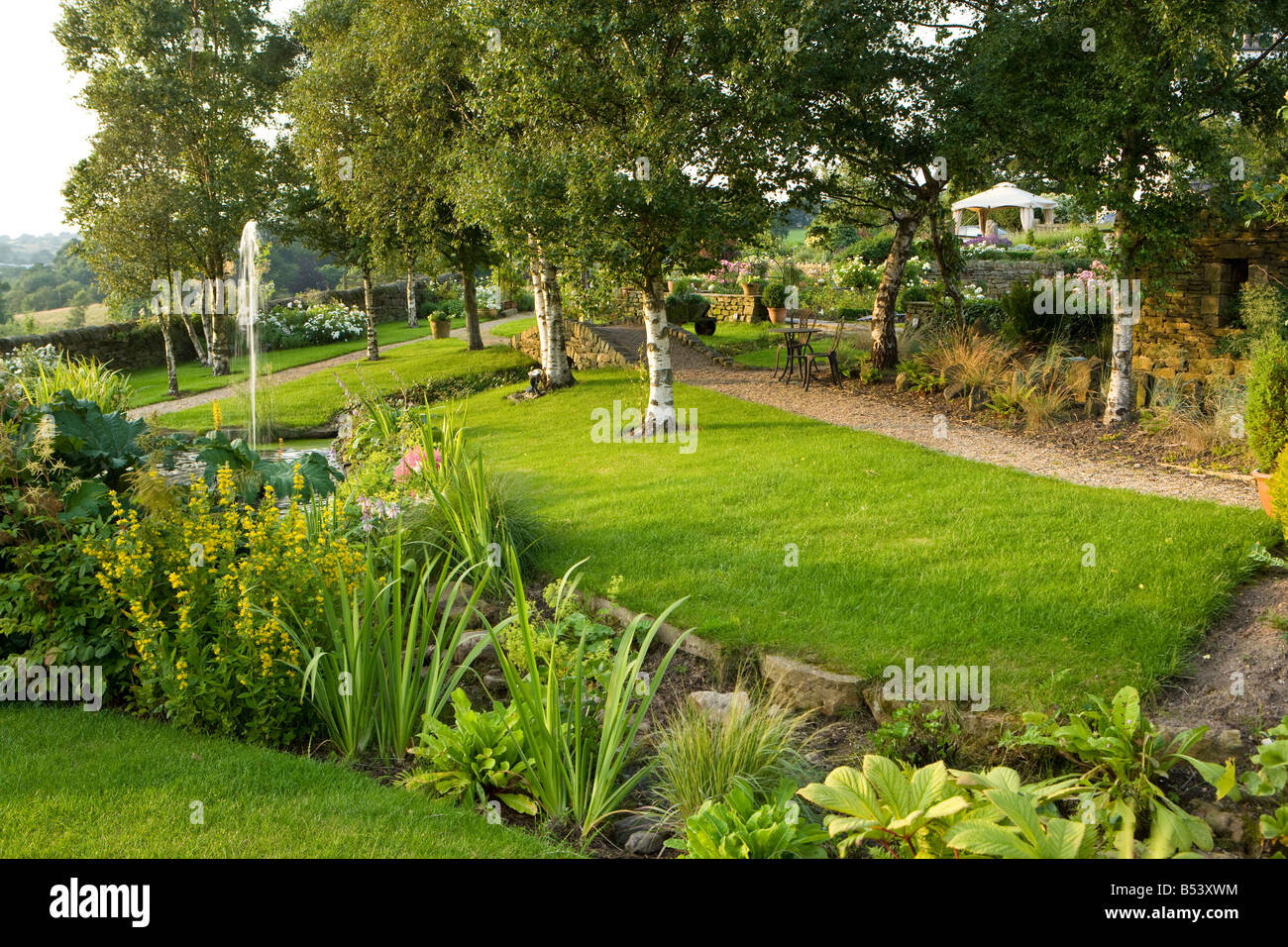 water feature with birch trees Stock Photo - Alamy