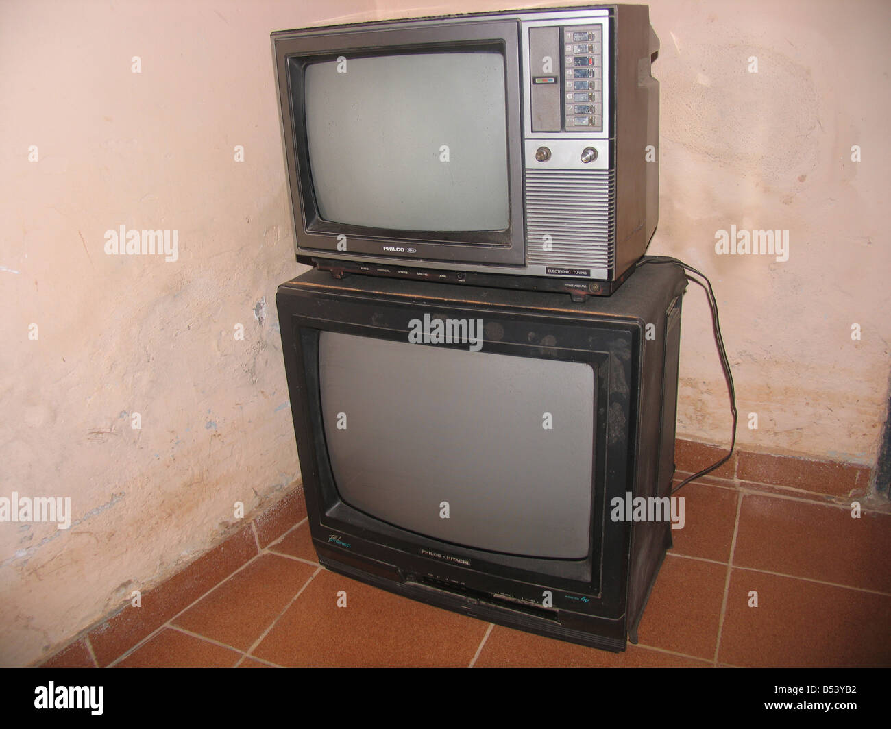 Two old televisions, one above other, in Sepetiba, Rio de Janeiro ...