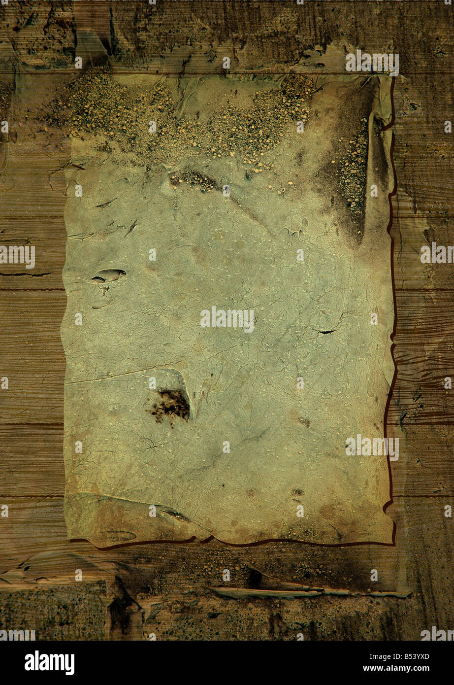 Worn parchment placed over a wooden background with crustyness Stock ...