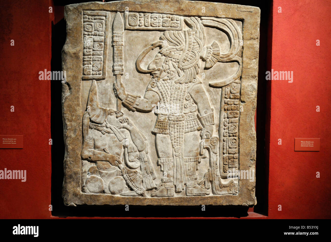 Lintel from Yaxchilan, Lord Bird Jaguar standing over a captive noble ...