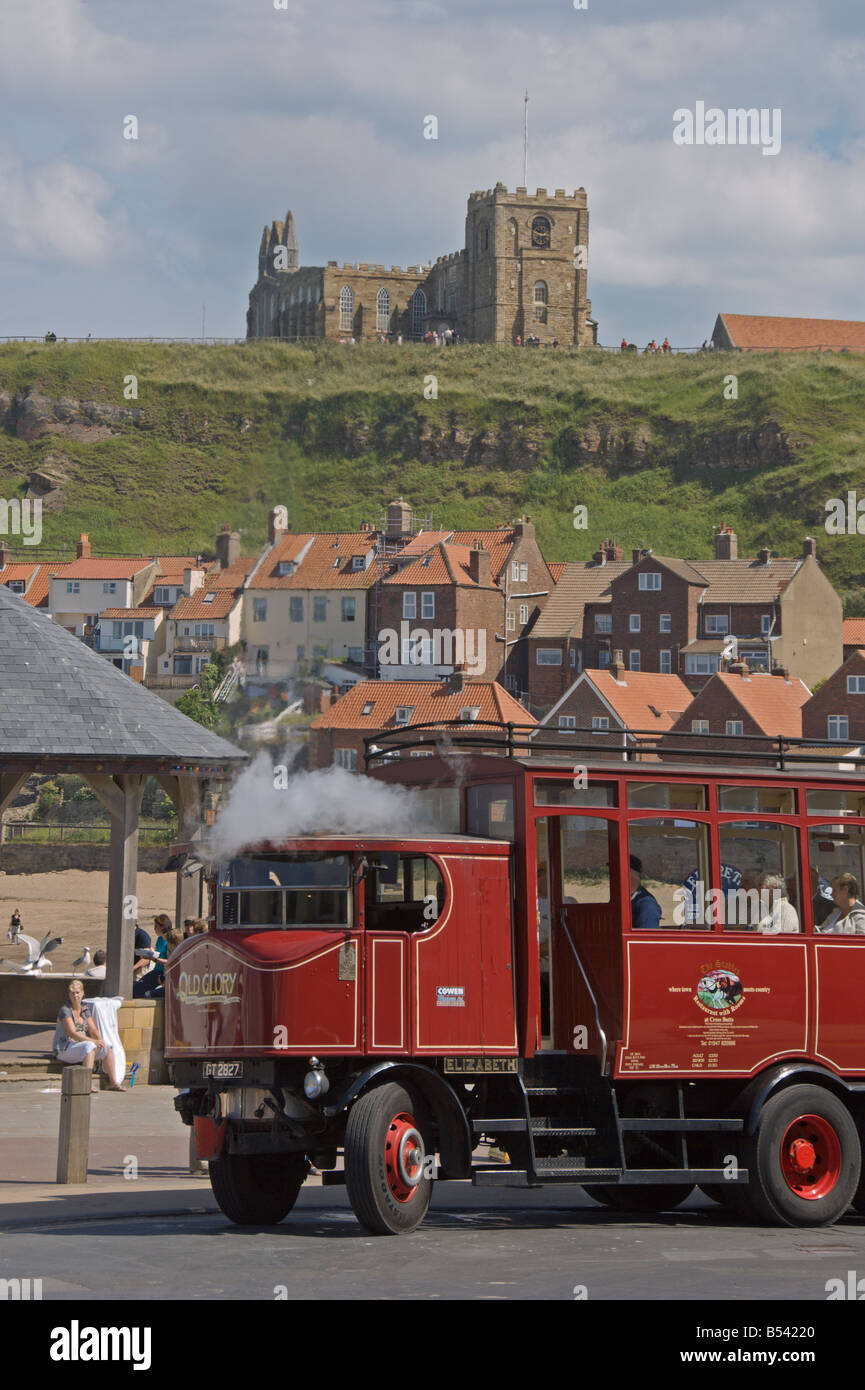 Looking across harbour Old Glory steam traction engine to Abbey Whitby ...