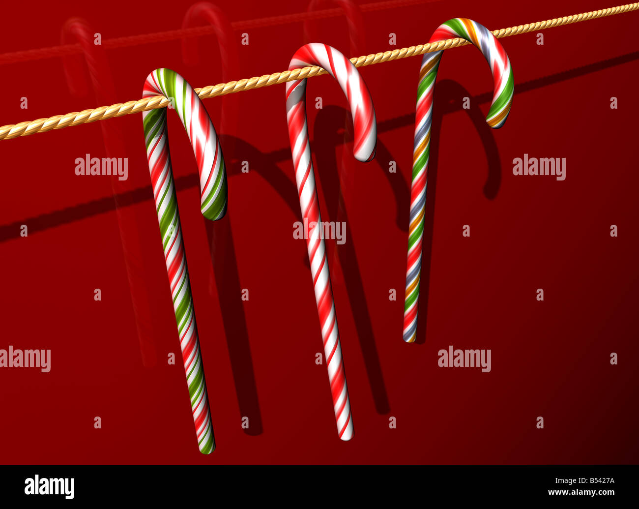 Illustration of three different candy canes hanging on a golden line ...