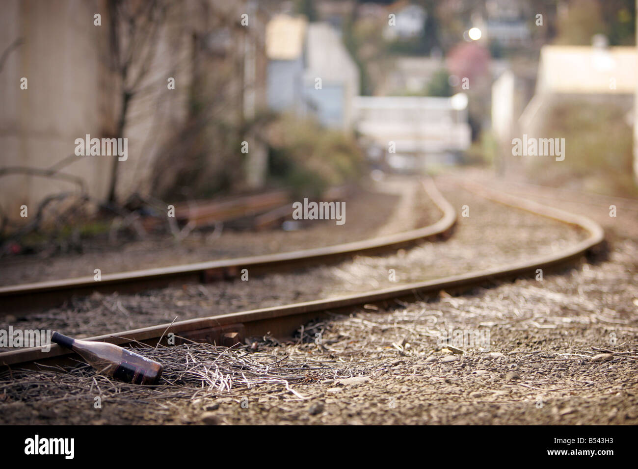 An empty wine bottle rests on the rusty rails of a section of ...