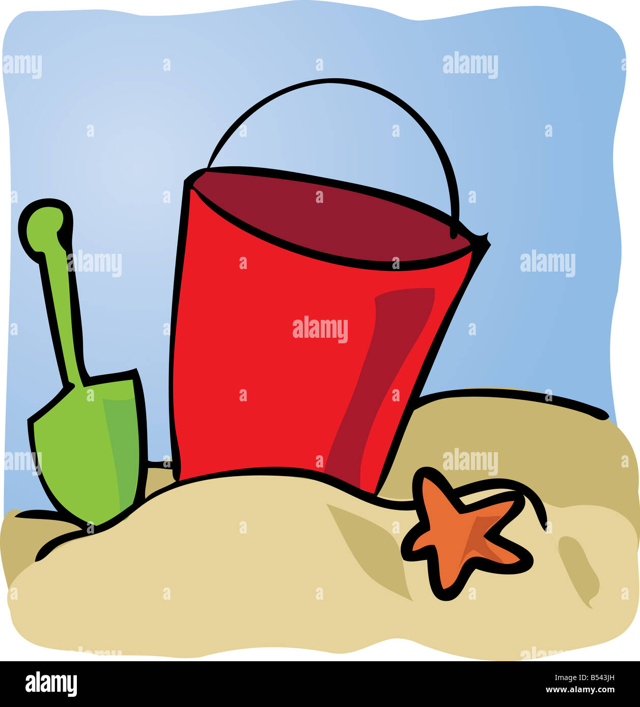 Beachbucket with sand and starfish seaside fun Stock Photo - Alamy